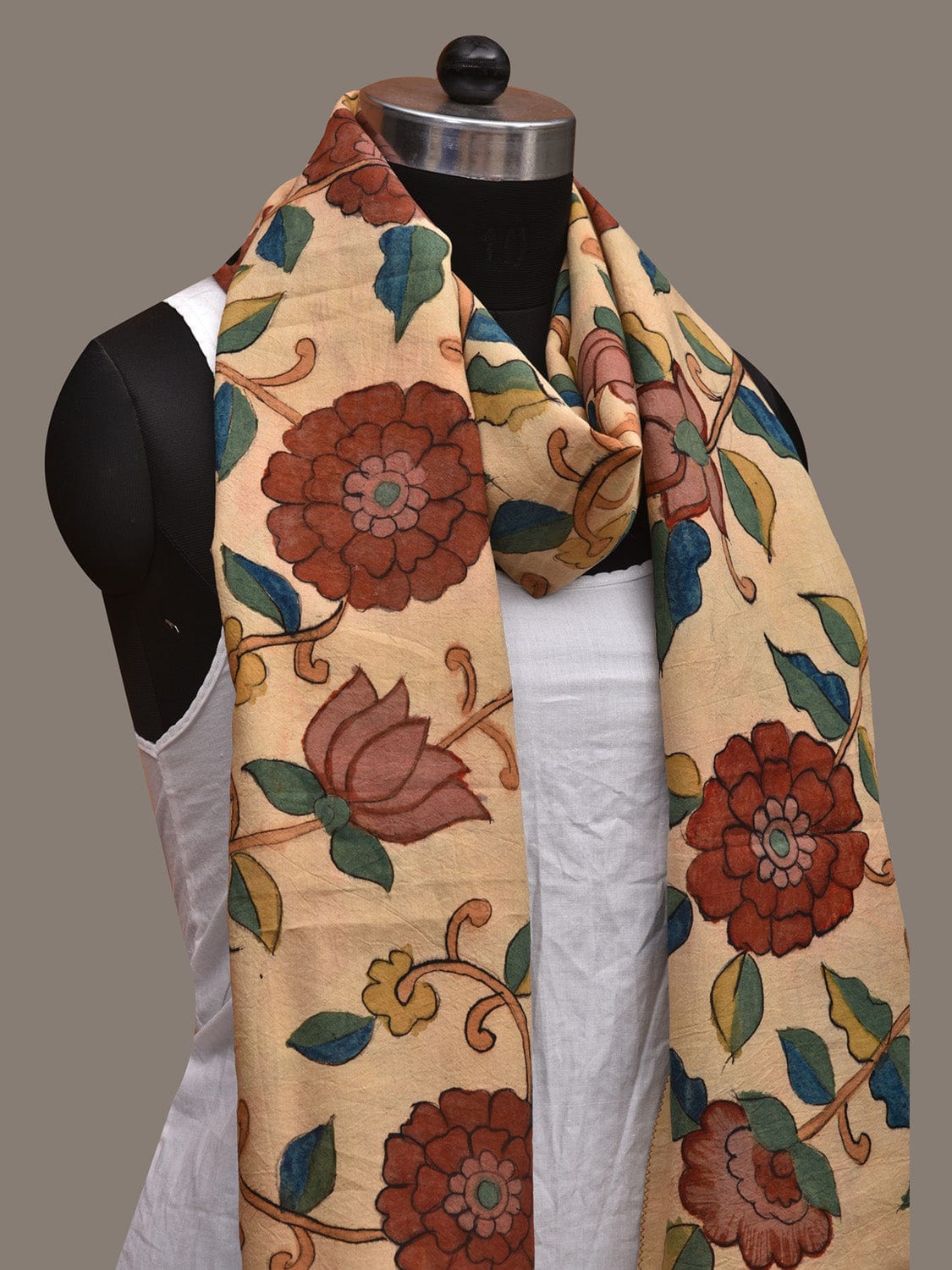 Cream Kalamkari Hand Painted Cotton Silk Handloom Stole with Floral De ...