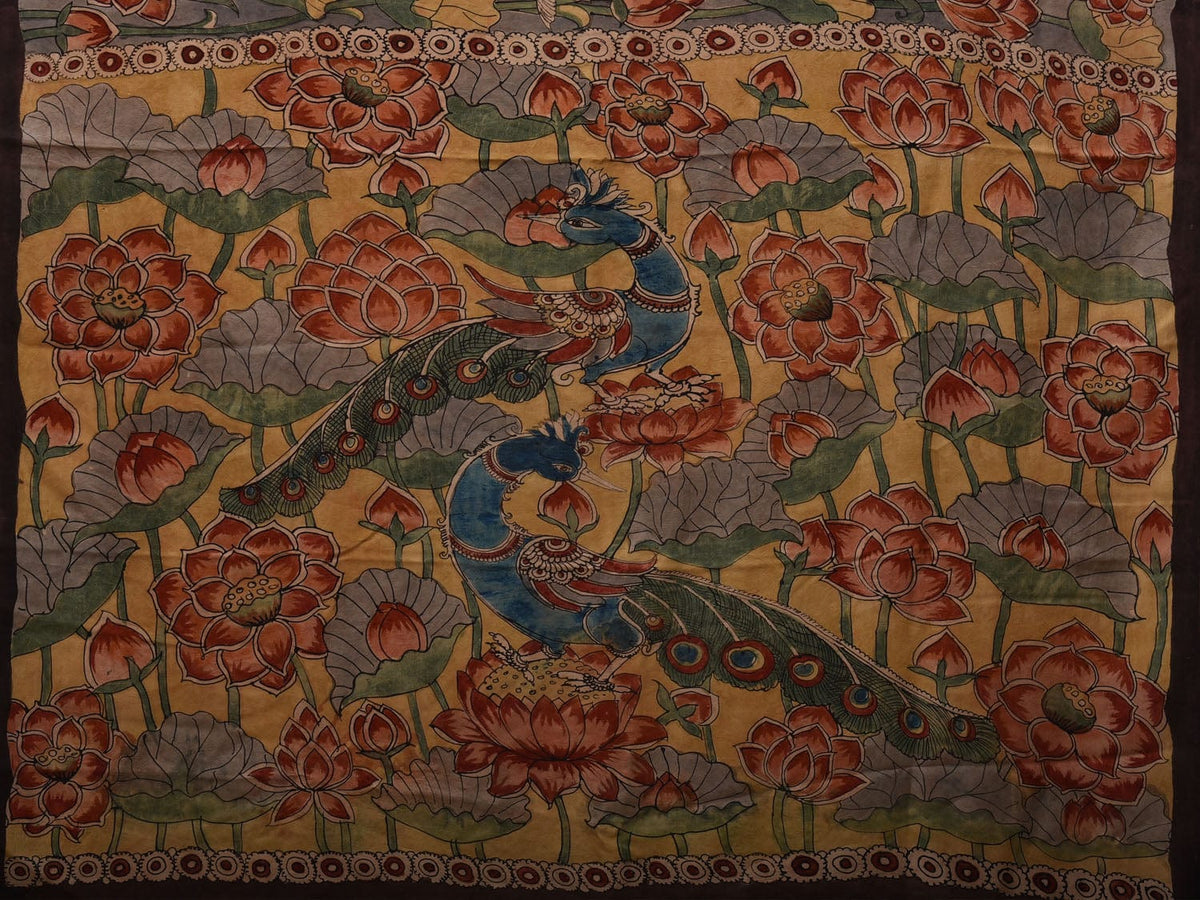 Grey Kalamkari Hand Painted Silk Handloom Saree with Fish and Lotus De ...