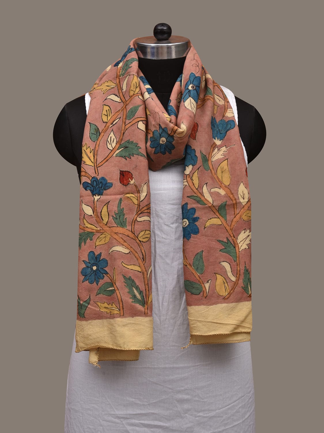 Light Burgundy Kalamkari Hand Painted Cotton Handloom Stole with Flora ...