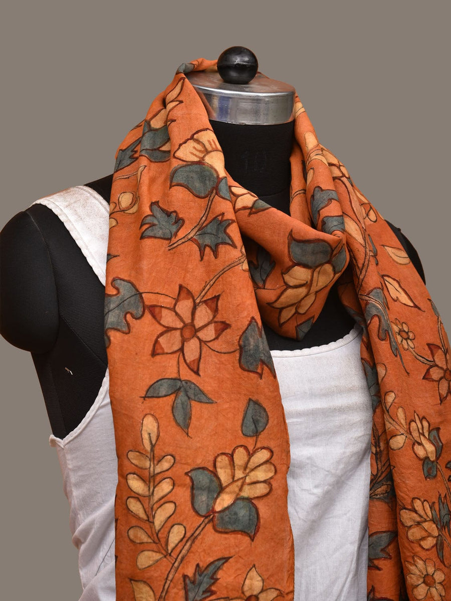 Orange Kalamkari Hand Painted Sico Stole with Floral Design ds3145 – Uppada