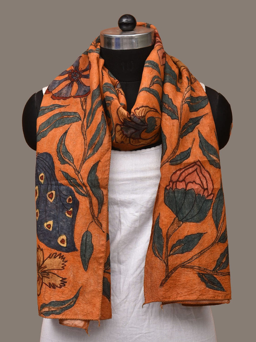 Orange Kalamkari Hand Painted Sico Stole with Lotus and Peacock Design ...