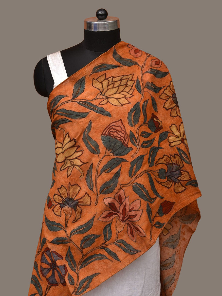 Orange Kalamkari Hand Painted Sico Stole with Lotus and Peacock Design ...