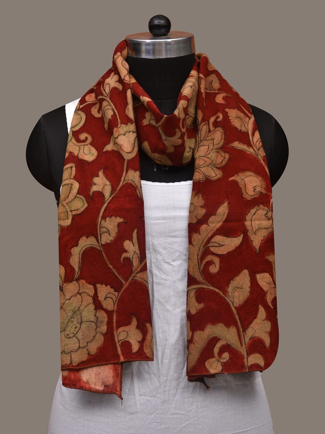 Red Kalamkari Hand Painted Cotton Handloom Stole with Floral Design ds ...