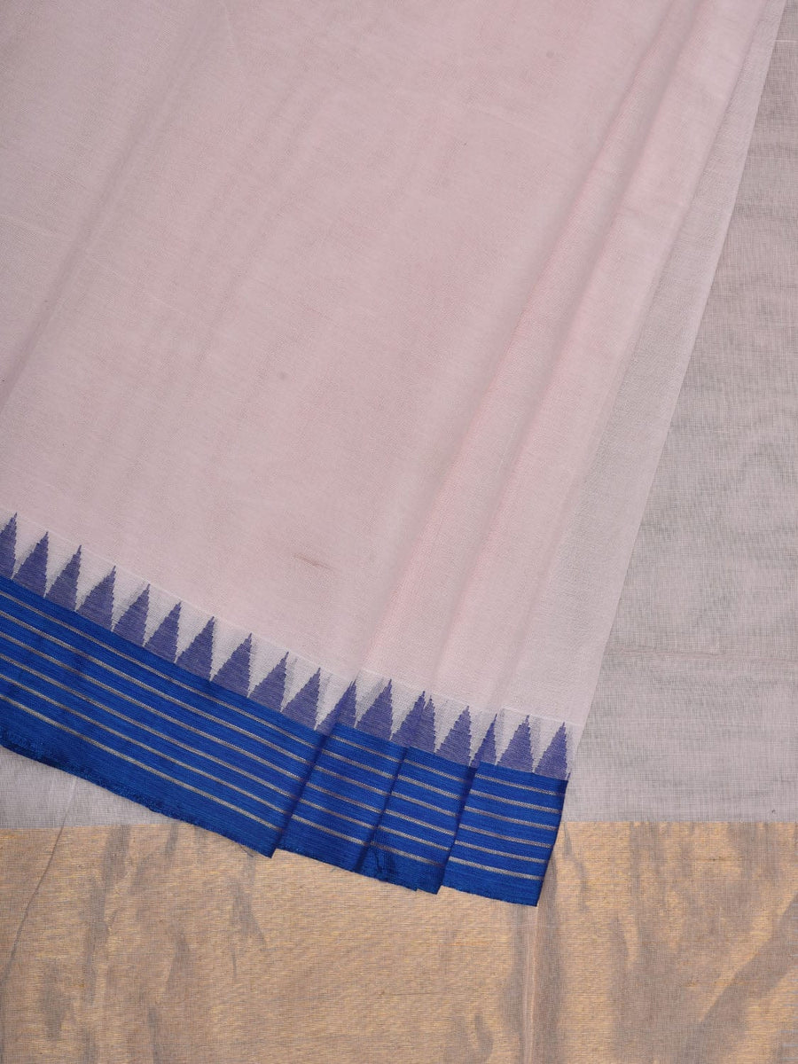 White Khadi Cotton Handloom Plain Saree with Strips and Temple Border ...